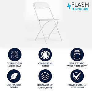 Flash Furniture Hercules Series Plastic Folding Chair - White - 650LB Weight Capacity Comfortable Event Chair - Lightweight Folding Chair