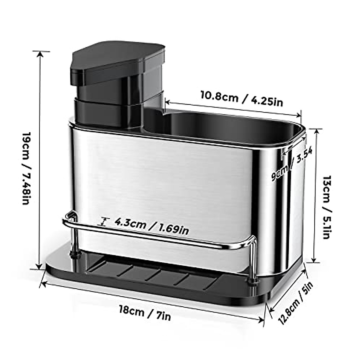 ODesign Dish Soap Dispenser for Kitchen Bathroom Countertop Sink Organizer Brush Sponge Scrub Holder - Stainless Steel