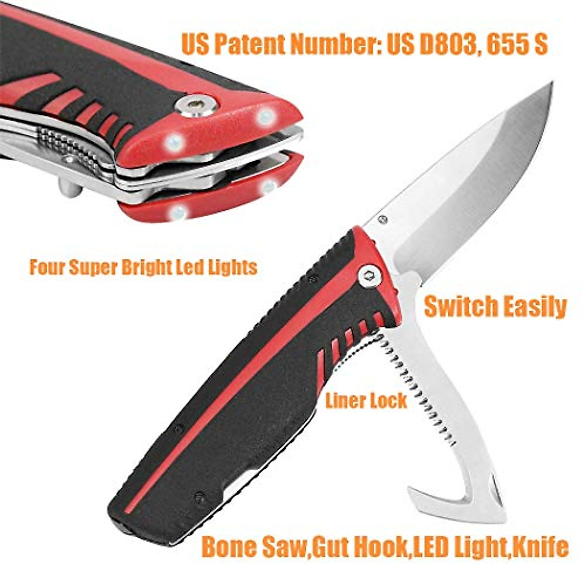 8.8in Survival Knife Outdoor Jungle Knives 9CR18 German High Carbon Steel Drop Point Tactical Knife Bone Saw Gut Hook LED Light 4 in 1 Knives with Nylon Sheath Red Black