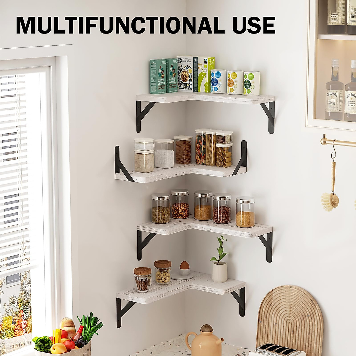 Muzilife Corner Floating Shelves Wooden Floating Shelve Set of 4, Wall Mounted for Storage, L-Shaped Shelves for Wall Decor Wall Organizer for Bedroom, Bathroom, Kitchen, Living Room and Office, White