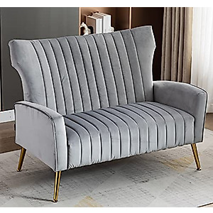 Artechworks Tufted Contemporary Velvet Wingback HighBack Loveseat Sofa Chair Upholstered Couch with Gold Metal Legs Two-Seat Sofa for Living Room Bedroom Apartment Small Space Dorm, Grey