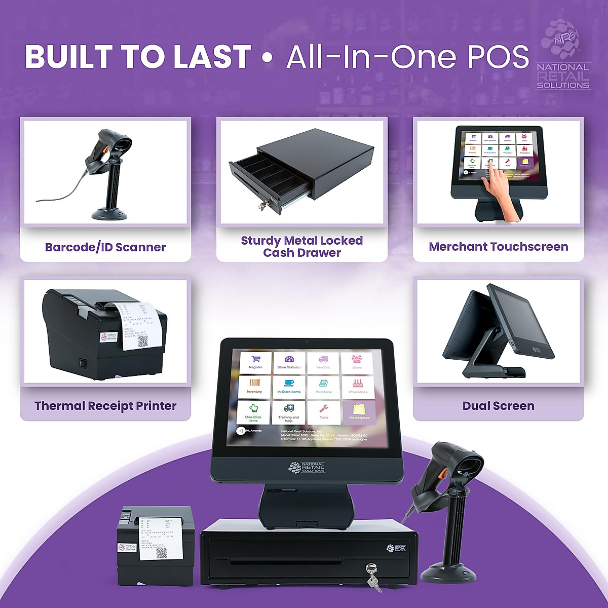 NRS POS System for Small Businesses, Store Cash Register for Retail(USA ONLY) with Touch Screen Dual Monitor, Printer, Scanner, Cash Drawer, and Software.