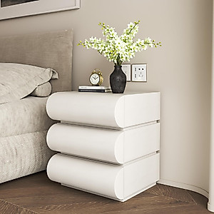 Modern Off White Nightstand with 3 Solid Wood Drawers - Leather Bedside Table for Bedroom/Living Room, Fully Assembled (19.7''H)