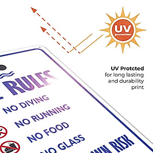 Pool Rules Sign, No Diving No Running No Food No Glass, 10x14 Inches, Rust Free .040 Aluminum, Fade Resistant, Made in USA by Sigo Signs