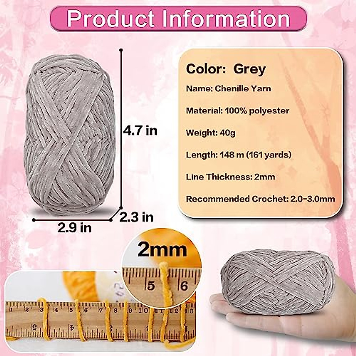 3 PCS 120g Soft Chenille Yarn Velvet Yarn for Crocheting,Fluffy Yarn for Knitting and Croche DIY Craft,Warm Yarn for Bag Hat Scarve Clothe Gloves Slippers Doll(Grey)