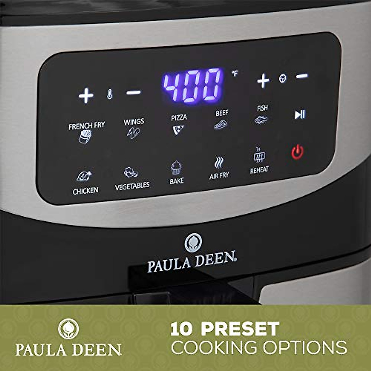 Paula Deen Stainless Steel 10 QT Digital Air Fryer (1700 Watts), LED Display, 10 Preset Cooking Functions, Ceramic Non-Stick Coating, Auto Shut-Off, 50 Recipes (Stainless Steel)
