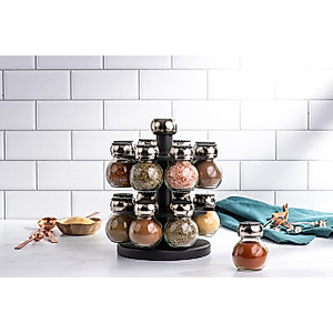 Olde Thompson Orbit Rotating Spice Rack, 16 Refillable Spice Jars With Shaker Tops And Labeled Lids For Frequently Used Spices
