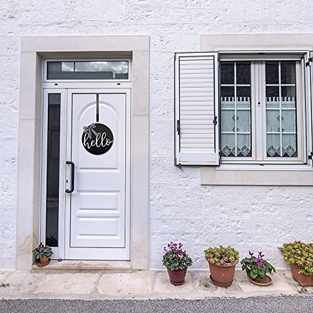 AuldHome Rustic Hello Door Hanger (12-Inch): Round Wood Plaque with Checkered Bow