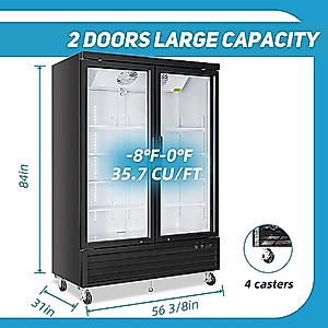 BLUELINETECH Commercial Display Freezer 35 Cu.ft, Double Swing Glass Door Reach in Fridge with 8 Shelves LED Lightning, 56.4" W, -8℉-0℉