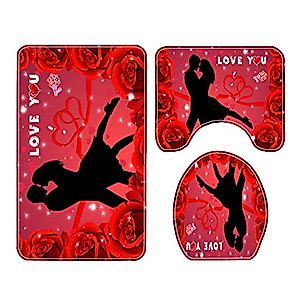 4 PCS Valentine's Day Shower Curtain Set with Rugs, 72x72 Waterproof Shower Curtains with Hooks Heart Gnomes Red Truck Patterned Bath Mat Holiday Decor Valentine's Day Decorations for Bathroom