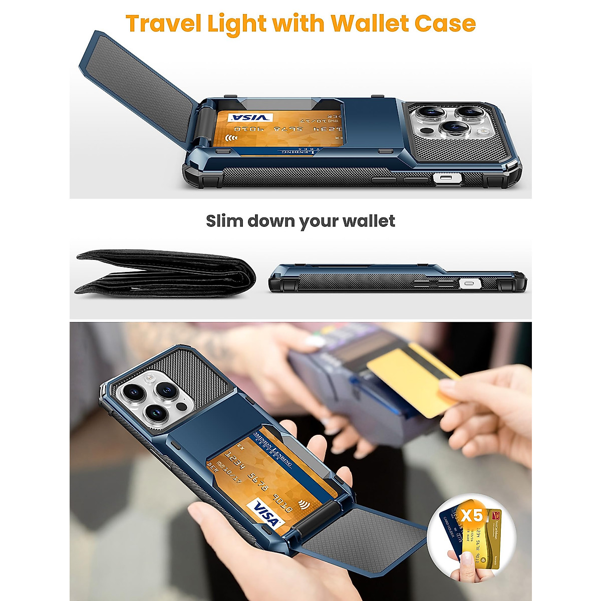 TITACUTE for iPhone 15 Pro Max Case 6.7 Wallet 5 Credit Card Holder Slot Flip Cover Design Back Pocket Scratch Resistant Hard Shell Hybrid Protective Bumper Armor for iPhone 15 Pro Max Navy Blue