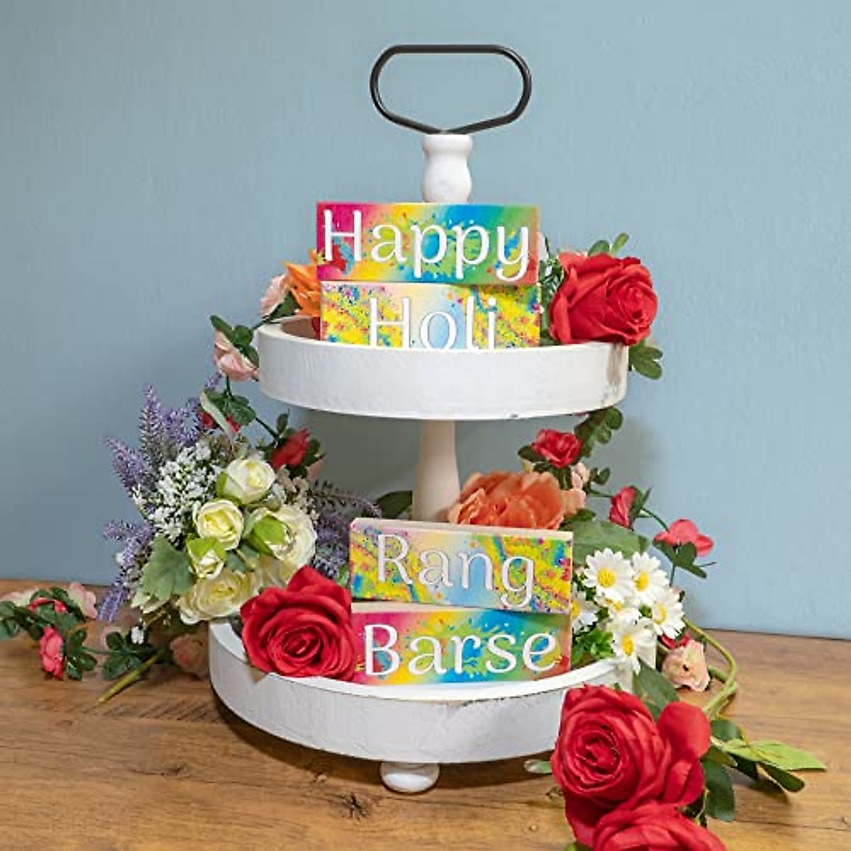 JennyGems Happy Holi Rang Barse Wooden Block Signs, Holi Decorations Party Supplies, Festival of Colors, Set of 4