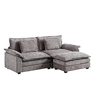 URRED Sectional Sofa Couch, Modern Chenille Sofa Sleeper Deep Seat Couches with Ottoman/Pillows for Living Room, Grey