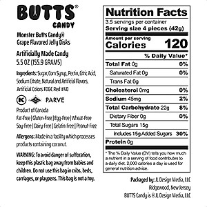 Monster Butts Gummy Grape Flavored Fruit Jelly Disks Fun Unique Halloween Candy Gag Gift for Birthday Girls, Boys, Kids & Teens (5.5 Ounce)