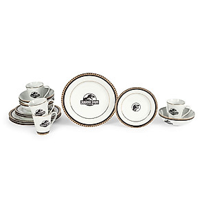 Ukonic Jurassic Park Logo 16-Piece Ceramic Dinnerware Set Replica | Movie-Authentic Dinosaur Dish Set | Includes Dinner Plates, Salad Plates, Soup Bowls, Mugs | Place Setting For 4, White