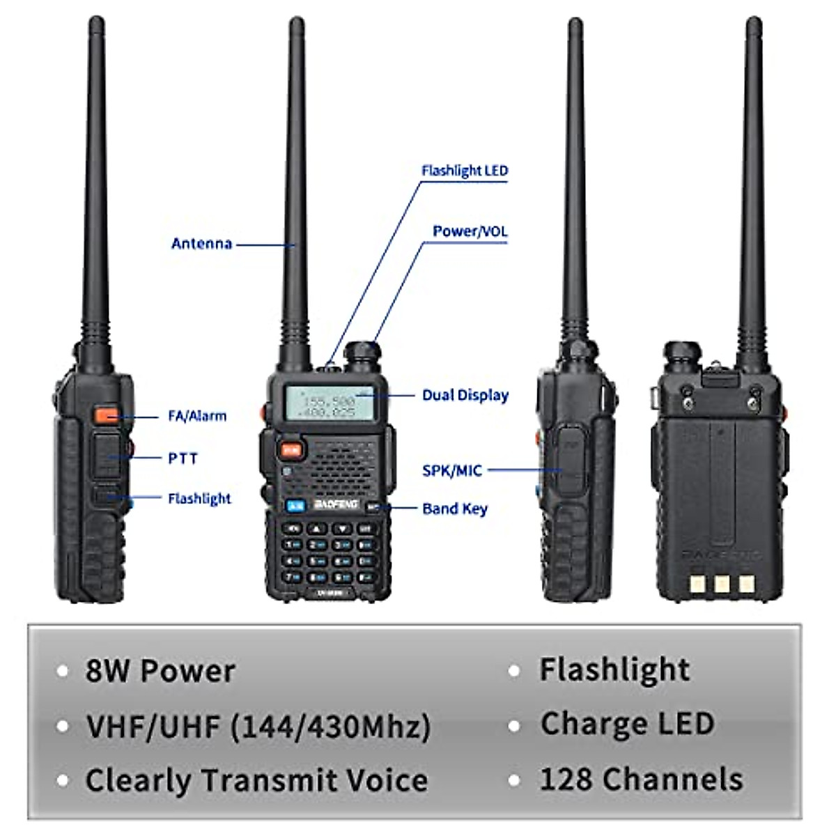 BaoFeng UV-5R Radio 8W Ham Radio Handheld uv5r Dual Band Rechargeable Two Way Radio with Extra 771 Antenna Programming Cable Full Kits，2Pack