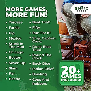 SWOOC Games - Yardzee, Farkle & 20+ Giant Dice Games (All Weather) Yard Dice with Wooden Bucket, 5 Scorecards & Marker - Jumbo Dice Yard Game - Extra Large Yard Games for Adults - Jumbo Lawn Games