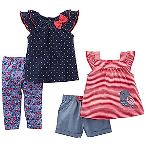 Simple Joys by Carter's Baby Girls' 4-Piece Playwear Set, Navy/Red, Dots/Stripe/Bird, 18 Months