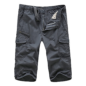 Men's Relaxed Fit 3/4 Cargo Shorts Twill Elastic Waist Multi Pocket Capri Pants Casual Loose Fit Below Knee Short (Grey,Medium)