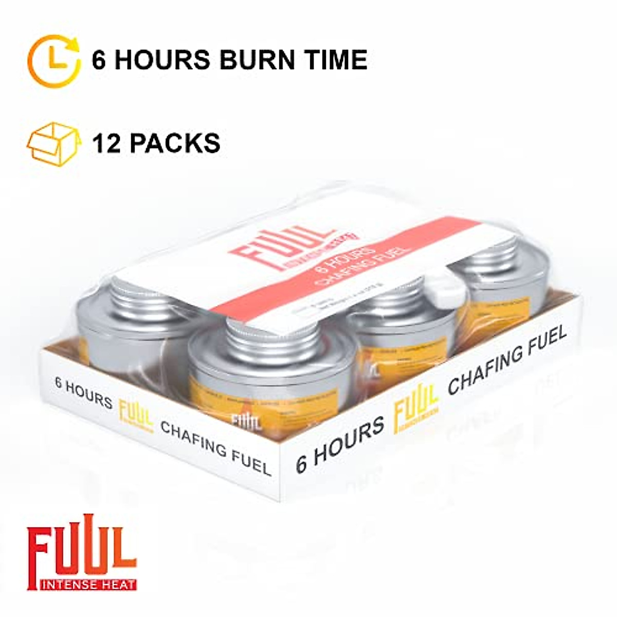 FUUL – Chafing Fuel Dish Burner Cans - 12 Pack - Chafing Dish Fuel Cans Burners To Keep Food Warm with 6-Hours Burning Capacity - Cooking Fuel For Chafing Dishes - 1 Opener Included for Opening Seal