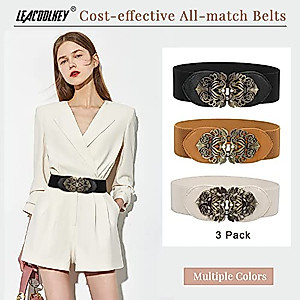 LEACOOLKEY 3 Pack Women Vintage Wide Waist Belt for Dress, Elastic Cinch Belt with Retro Interlocking Brass Buckle