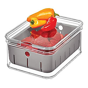 iDesign Recycled Plastic Crisp Produce Storage Containers with Lid and Colander Basket Designed to Keep Food Fresh Longer, 8.32” x 6.32” x 3.76”, Clear/Gray