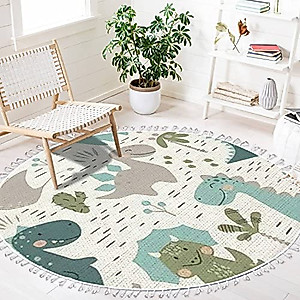 DNEWYNPABV Round Rugs Dinosaur Baby boy Childish Sweet Dino with Palm and Cactus Boho Area Rug Linen and Cotton Carpet Meditation Rug Washable Hallway Runner Mat Accent Rug for Bedroom Bathroom 4ft