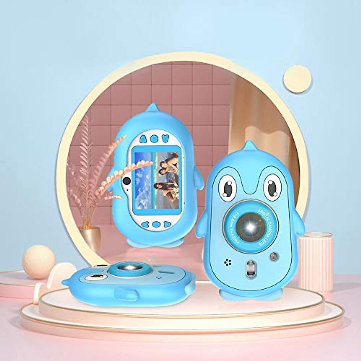 IPS Screen with Silicone Cover Cartoon Children Digital Camera, Children Camera, Portable for Boys Girls(Blue)