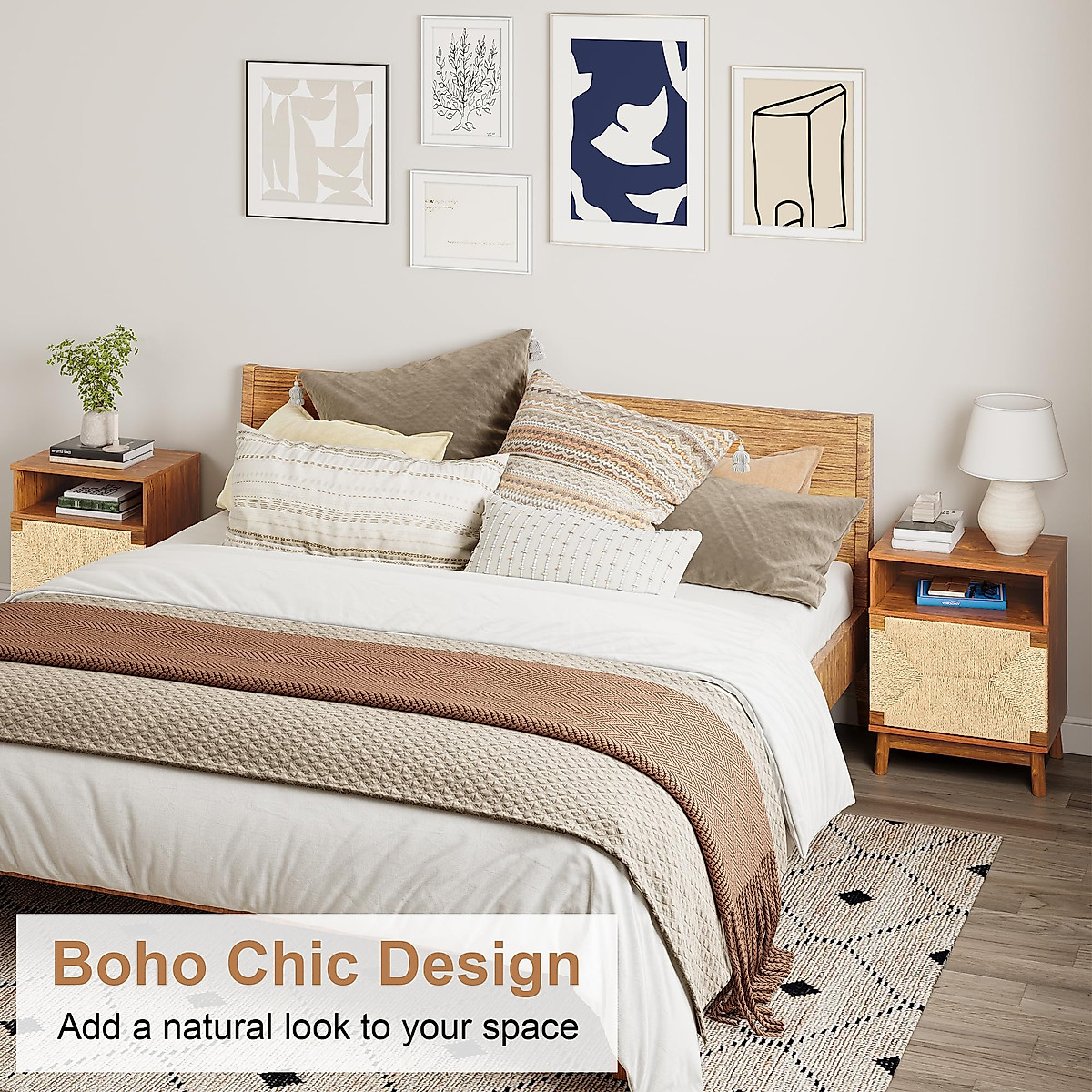 XIAO WEI Large Night Stand Set of 2 with Natural Paper Rope Hand-Woven Doors, Boho Nightstand Bed Side Table Accent End Table, Walnut