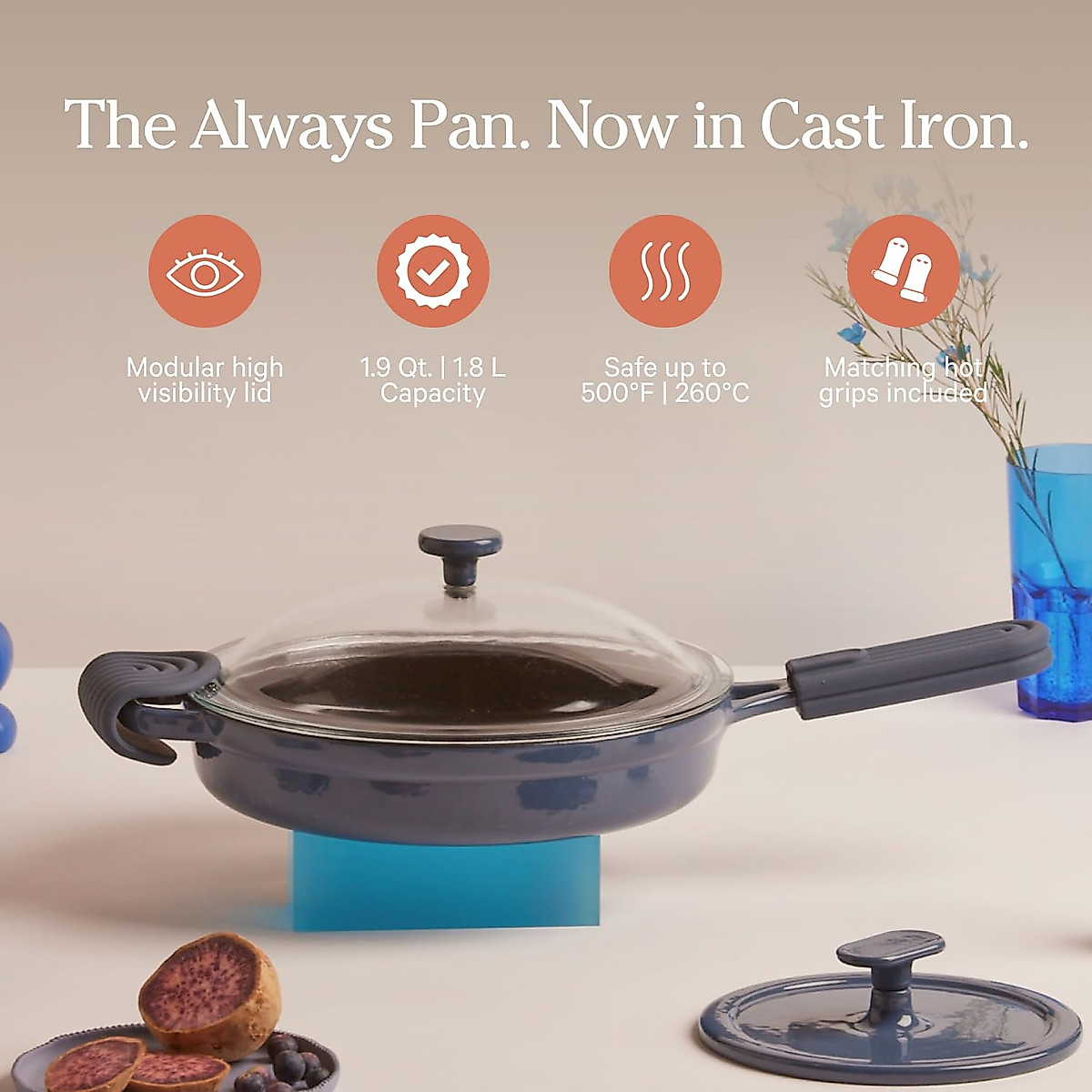 Our Place Cast Iron Always Pan | Premium Enameled, Toxin-Free Surface | 10-inch 8-in-1 Multifunctional Cookware System | Lid, Handle Covers | Heavy Duty Skillet | Oven & High Heat Safe | Blue Salt