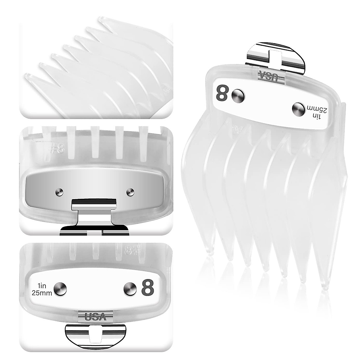 Professional Hair Clipper Guards Guides 10 Pcs Coded Cutting Guides #3170-400- 1/16" to 1" fits for All Wahl Clippers(Transparent-10 pcs)