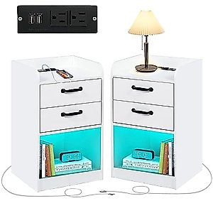 White Nightstand Set of 2 with Charging Station and LED Lights, Modern End Side Table with 2 Drawers and Open Storage for Living Room, Night Stands for Bedrooms Set of 2 White