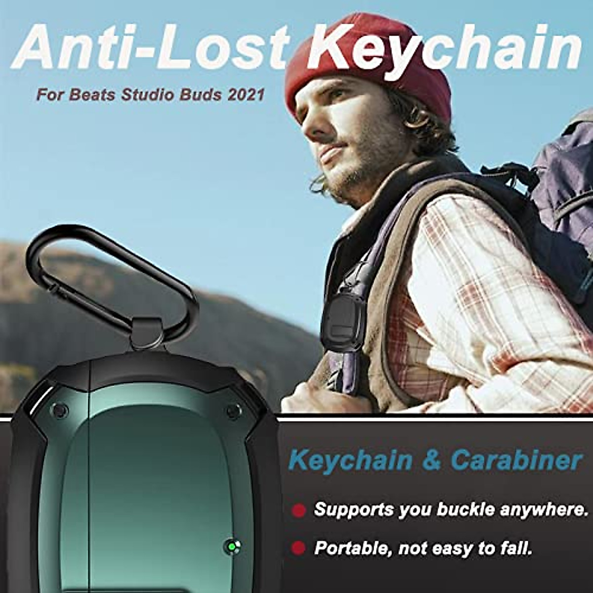 Miimall Compatible for Beats Studio Buds Case, [Secure Lock][Anti-Lost Keychain][Front LED Visible] Military Full-Body Rugged Case Cover for New Beats Studio Buds Case 2021 (Black+Red)