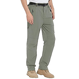 TBMPOY Men's Outdoor Lightweight Windproof Belted Quick-Dry Hiking Pants Thin Sage Green L