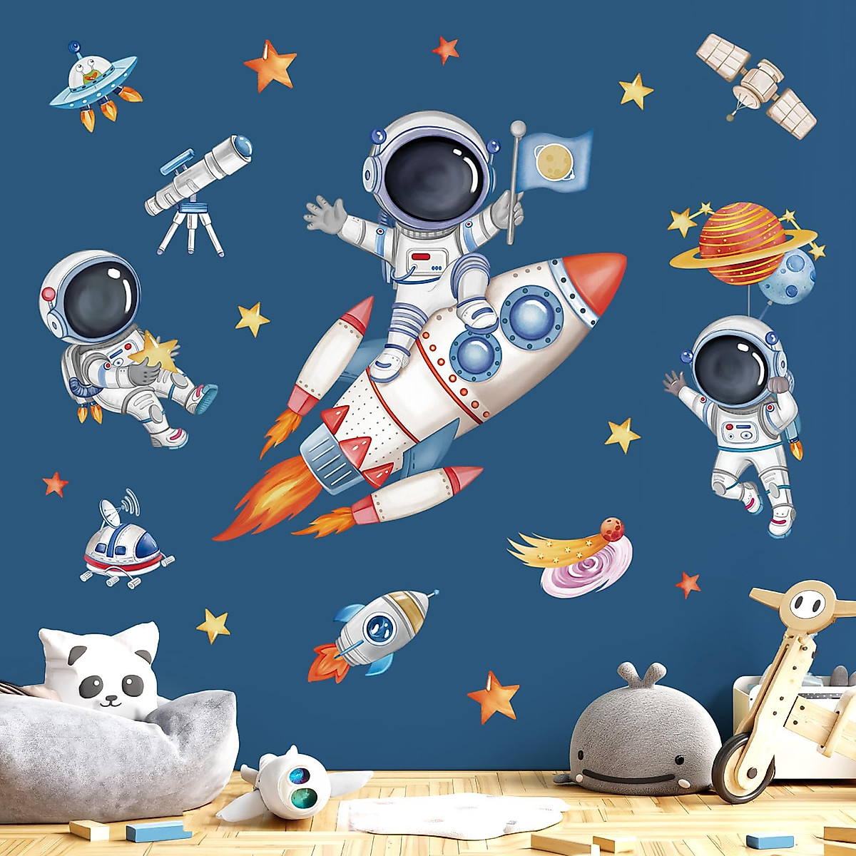 wondever Rocket Astronaut Wall Stickers Universe Space Planet Outer Space Peel and Stick Wall Art Decals for Baby Nursery Kids Bedroom Playroom
