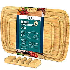 Bamboo Cutting Board Kitchen Chopping-Board: YISH Bamboo Chop Board Set of 3 With Juice Groove Wood Cutting Boards with Holder for Meat Vegetables - 15"x10" & 13"x8" & 10"x6.2"