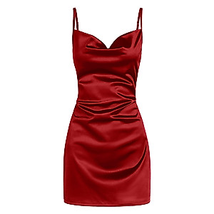 ZAFUL Women's Satin Sleeveless Spaghetti Strap Mini Dress Sexy Slip Cowl Neck Silky Cocktail Party Dresses(Red, M)