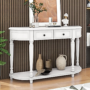 Retro Circular Curved Design Console Table with Open Style Shelf Solid Wooden Frame and Legs Two Top Drawers Ample Storage, Shape Console Table for Hallway Living, Dining Room (Antique White)