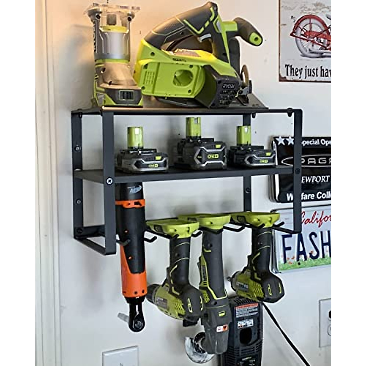 OUUO 3 Tiers Tool Garage Organization Drill Holder Heavy Duty Carbon Steel Power Tool Organizer - USA Designed Garage Storage Shelves - Garage Wall Mount Shelf - Power Tool Storage Rack