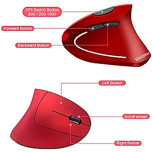 Vassink Ergonomic Rechargeable Wireless Mouse, 2.4Hz Rechargeable Wireless Vertical Optical Mice with USB Receiver, 6 Buttons, 800/1200/1600 DPI RED