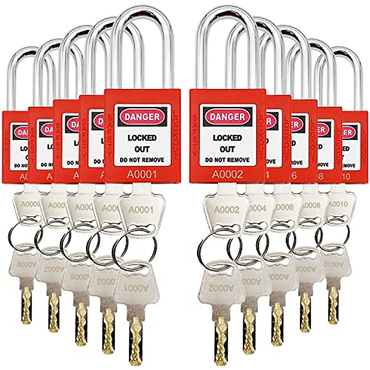 SAFBY 10 Keyed Different Lockout Tagout Lock - Loto Safe Padlocks for Lock Out Tag Out Stations and Devices (Red, Key Different)