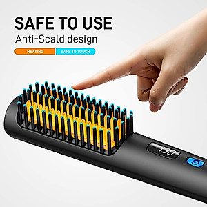 Hair Straightener Brush, AmoVee Ionic Hair Straightener Comb,15s Fast Heating up, 5 Adjustable Temp 285℉-430℉, Auto Temp Lock Straightening Brush for Home Salon, Dual Voltage, Blue