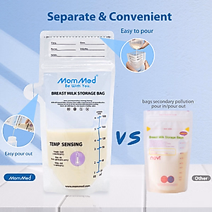 MomMed Breastmilk Storage Bags, Leak Proof Milk Storage Bags for Breastfeeding, Temp-Sensing Discoloration Disposable Breast Milk Bag with Pour Spout, 6 Ounce, Doubled-Sealed, BPA Free, 60Pack
