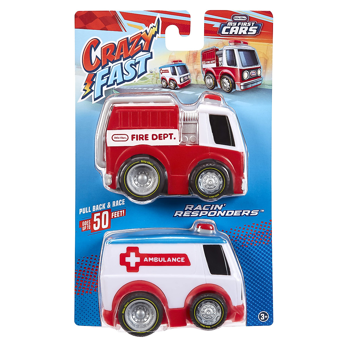 Little Tikes, My First Cars, Crazy Fast Cars 2-Pack Racin’ Responders, Fire Truck, Ambulance, Pullback Toy Car Vehicle Goes up to 50 ft