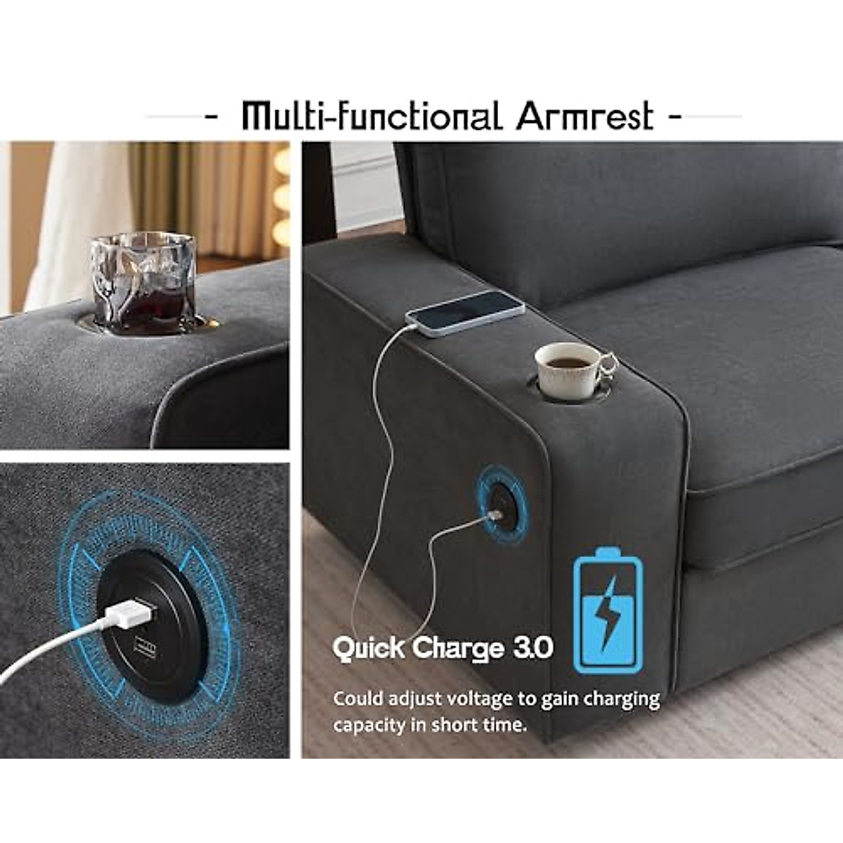 HOWE Sofa, 89 inch Modern Sofa Couch with USB Charging Ports & Cup Holders, Comfy Sofa- Deep Seat Couch for Living Room (Charcoal Grey Chenille)