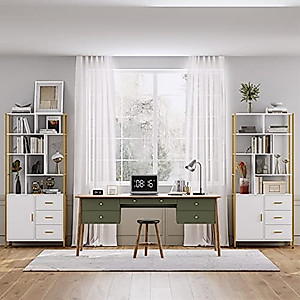 finetones Gold Bookshelf with 3 Drawers, 71.2” Tall Bookshelf White and Gold Bookshelf with Sturdy Metal Frame, Gold Shelf Etagere Standard Book Shelf Display Shelf for Home Office