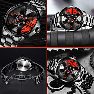 BOYADKA Car Wheel Watch, Stainless Steel Watch with Japanese Quartz Movement, Waterproof Sports Wrist Watch with Car Rim Hub Design for Men/Car Enthusiast (Red)