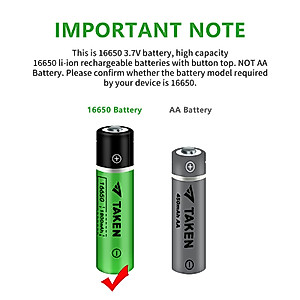 Taken 16650 Rechargeable Battery, 16650 Battery 1800mAh 3.7V Li-ion Rechargeable Battery with Button Top for Flashlights Torches - 1 Pack