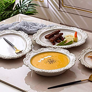 Stylish Dinner Plates,Ceramics Dinnerware Set, Cereal Bowl Soup Plate and Steak Plate Set of 24 | French Vintage Embossed Palace Style Porcelain Dinner Sets for Wedding Gift