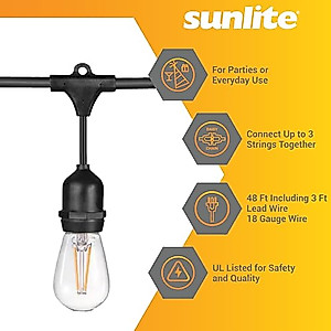Sunlite 80572 48ft Outdoor String Lights, 1.5W Commercial Grade, Waterproof, Linkable Strands, UL Listed, 15 Hanging Sockets, Shatterproof LED Edison Bulbs Included, 2700K Warm White